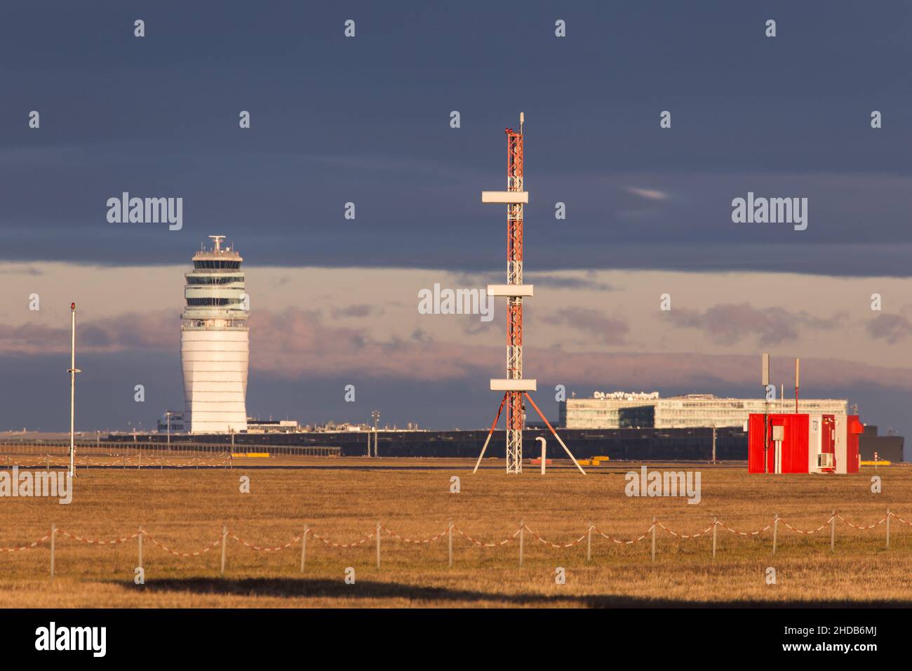 Airport infrastructure with tower, runway, antennas and terminal Stock ...