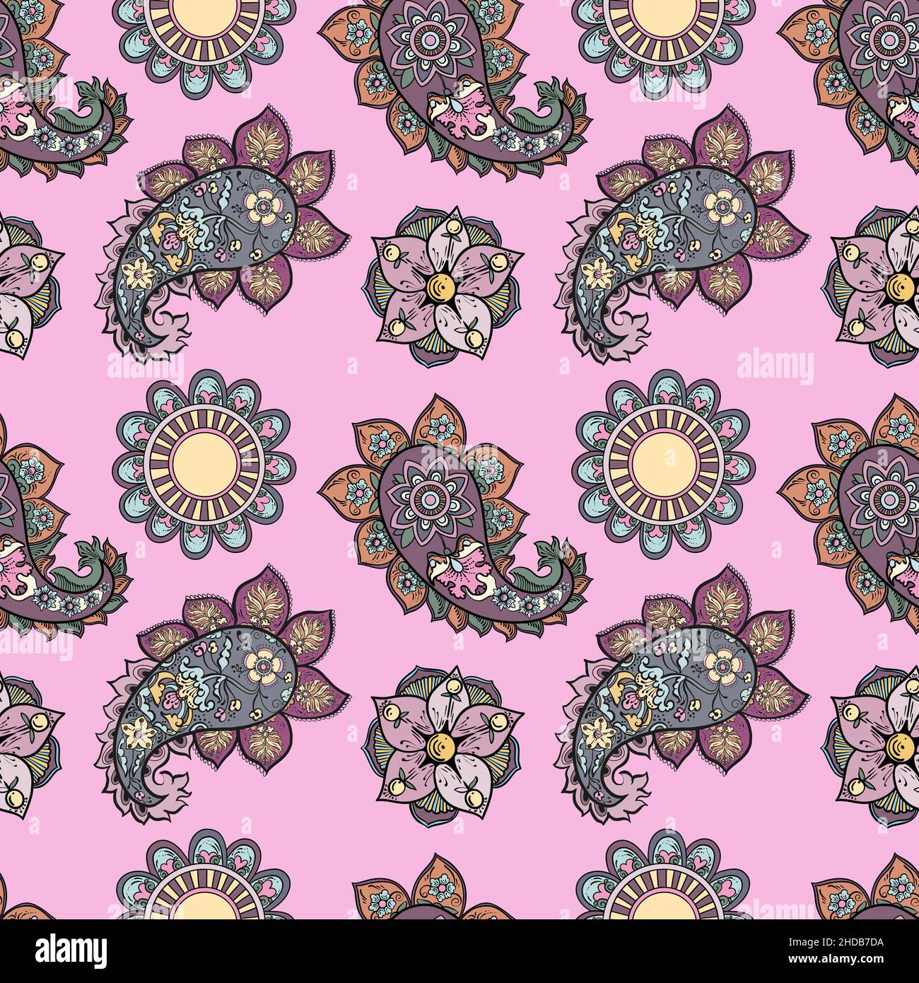 Illustration raster seamless paisley pattern with patterns on pink ...