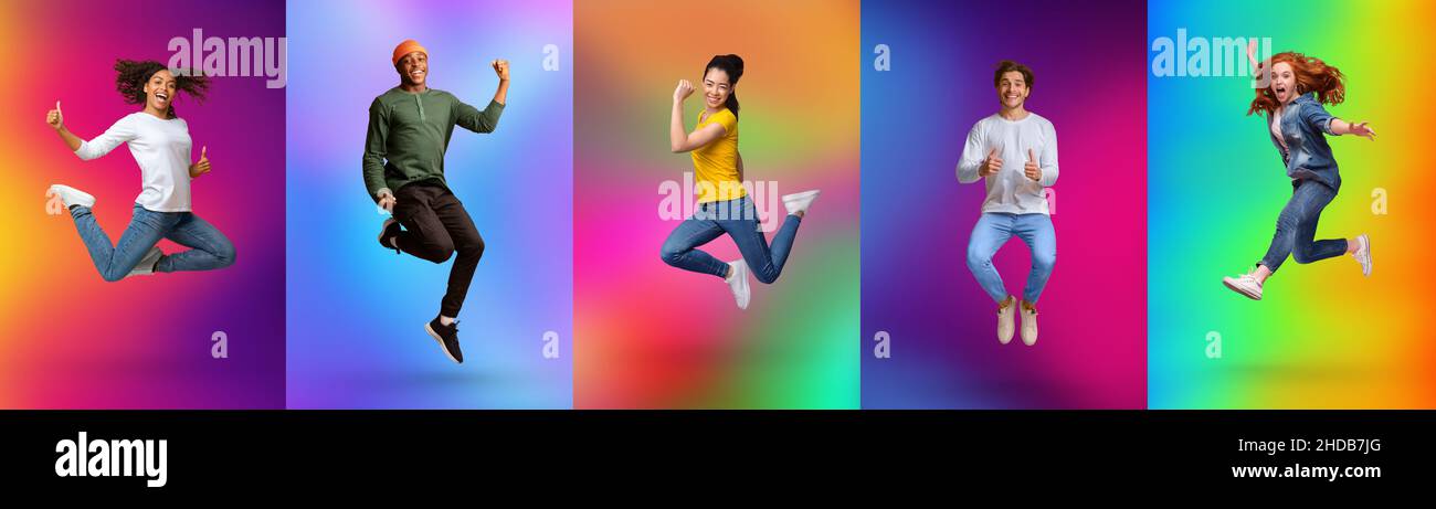 Expressing joy and happiness. Full length of energetic diverse young ...