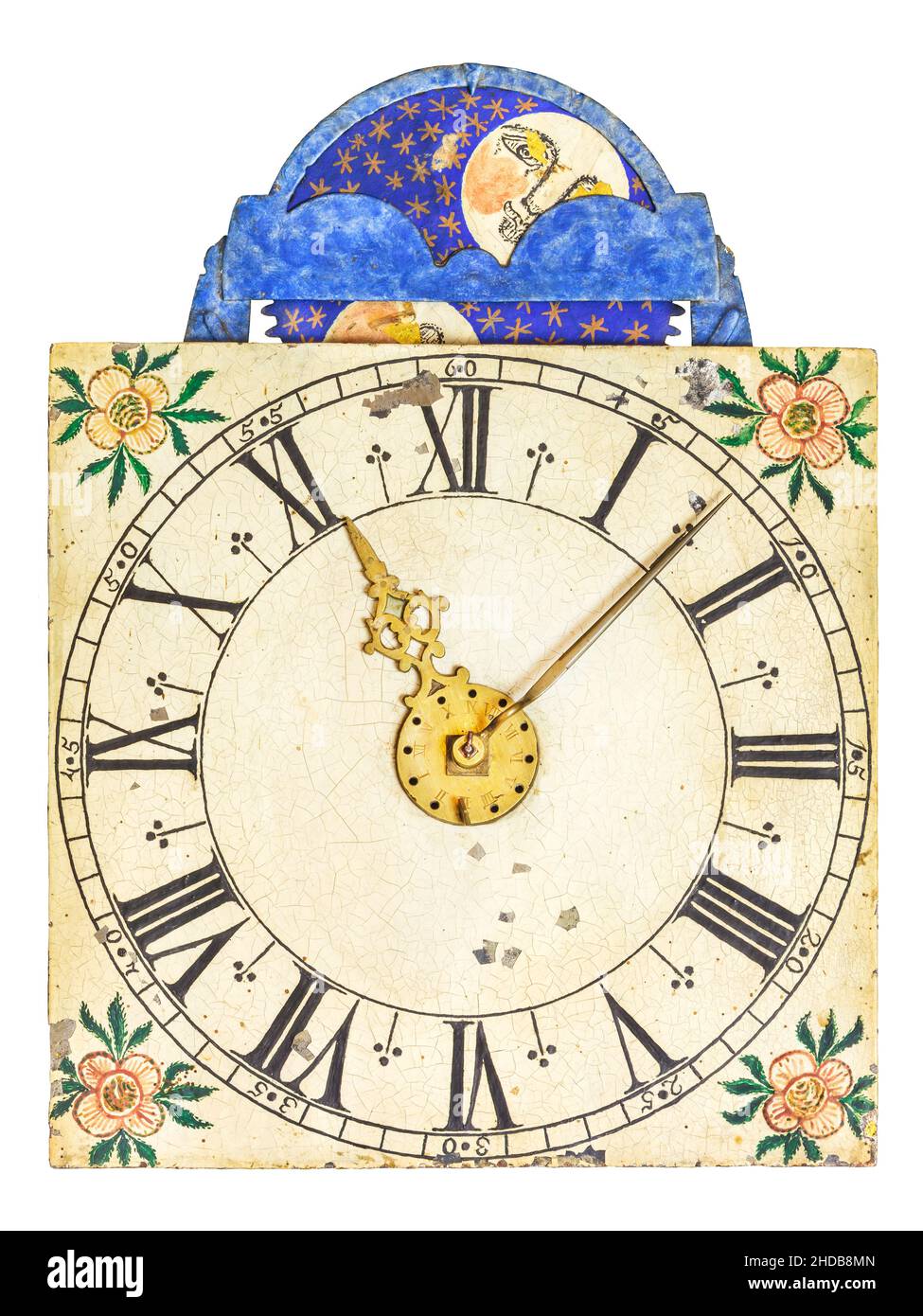 Medieval enamel clock face with moon rotation isolated on a white ...