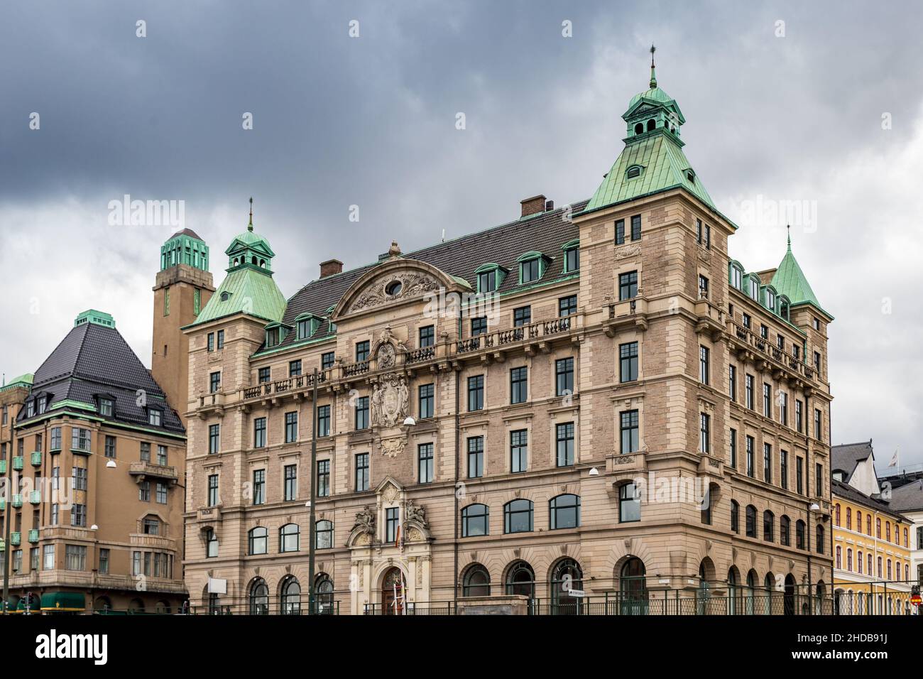 Facade of grey brick Building with green Roofs, Malmo, Sweden, Europe ...