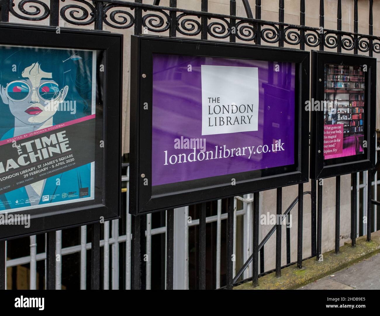 Advertising boards outside the London Library, the UK's largest lending ...