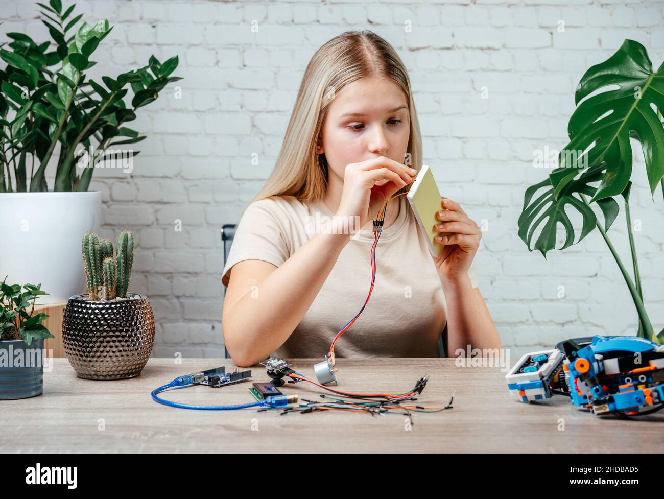 A blonde teen girl plugging cables to sensor chips while learning arduino coding and robotics ...