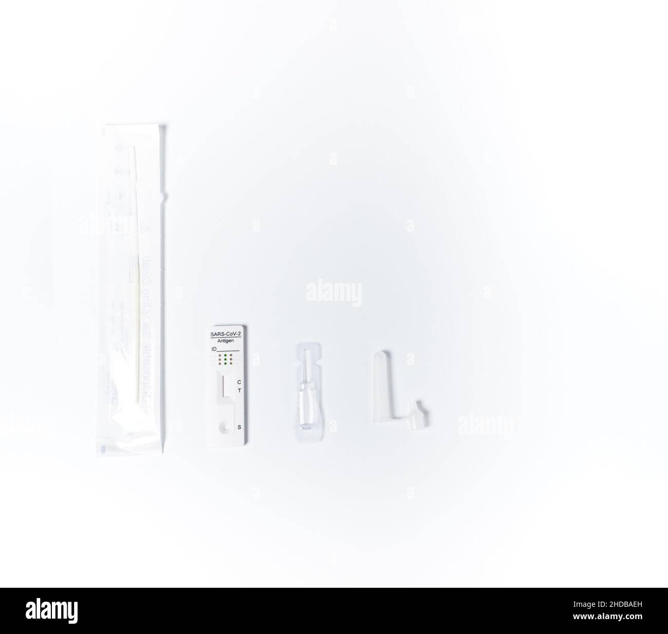 Content of a rapid antigen test on white background. COVID 19 Concept ...
