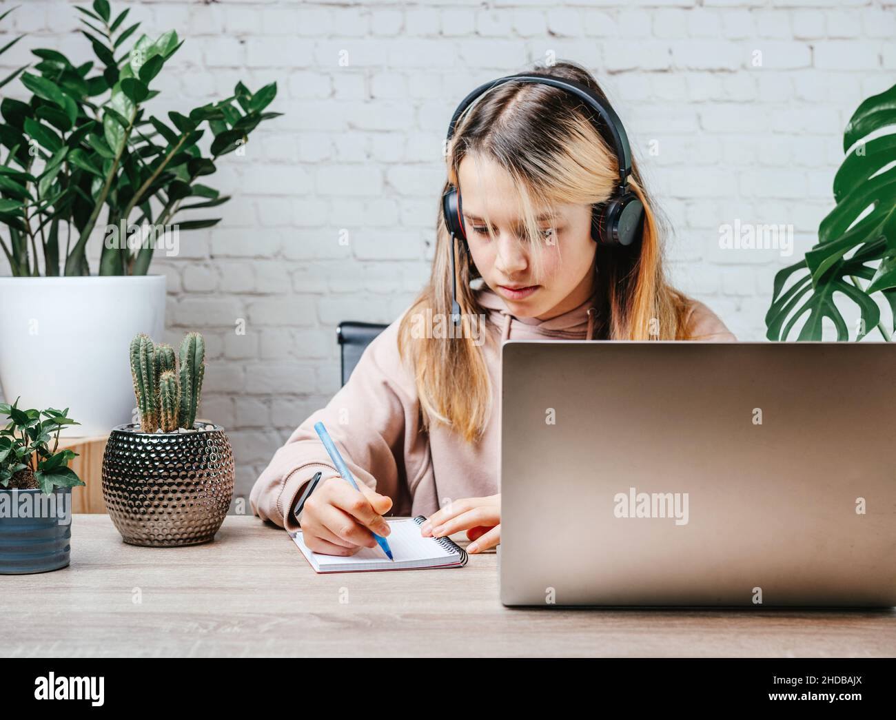 Student girl in headphones watching online video zoom class webinar in ...
