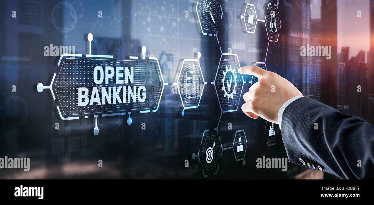 Open Banking Online Finance Concept. Man clicks on a virtual screen ...