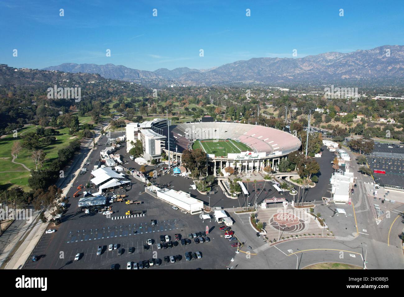 An aerial view of the Rose Bowl Stadium football field with the logos ...