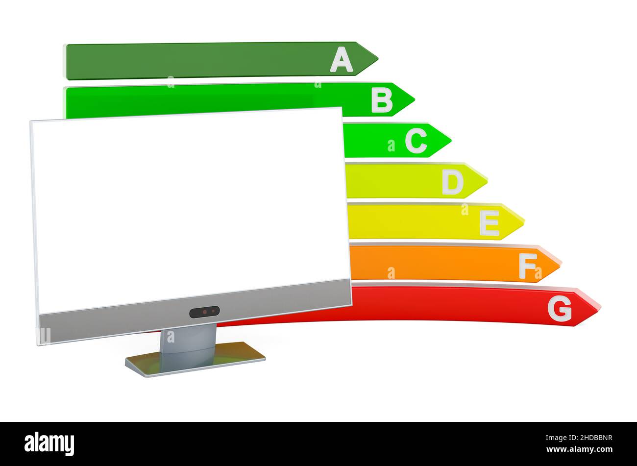 Computer monitor with energy efficiency chart, 3D rendering isolated on ...