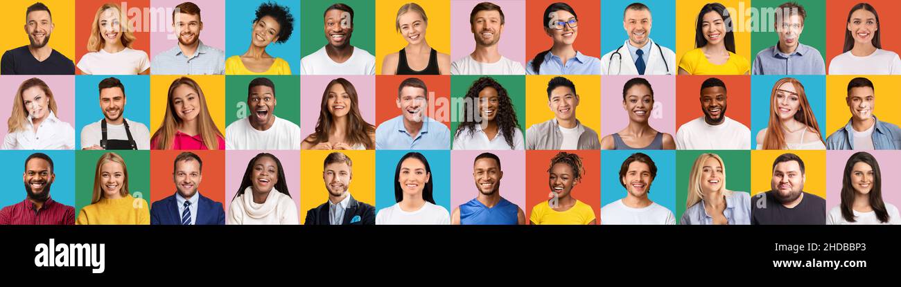 Various people showing positive emotions on colorful backgrounds, set ...