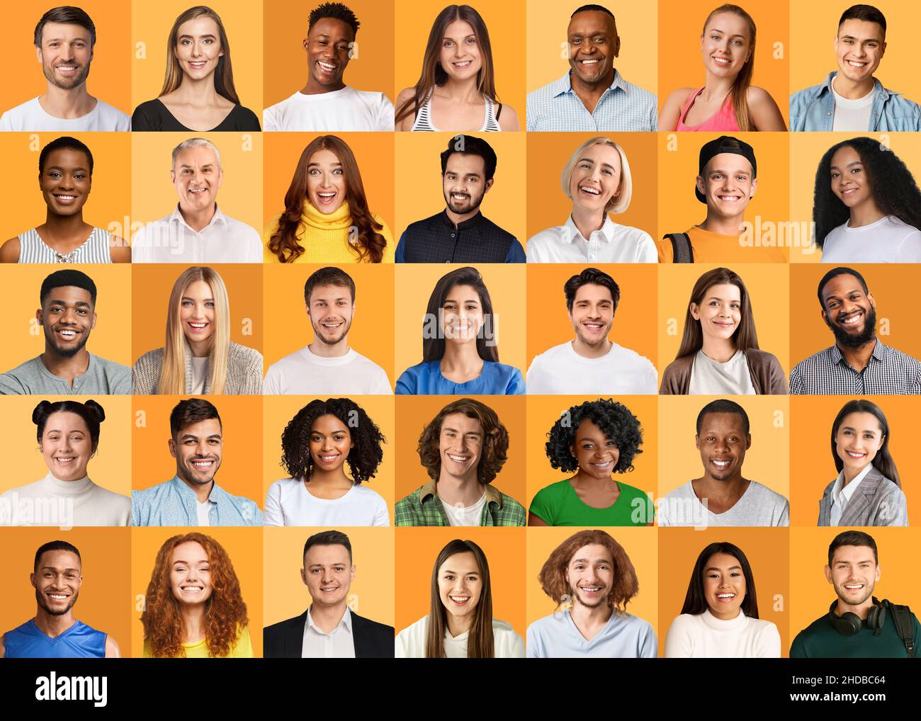 Multiracial people posing on orange studio backgrounds, collection of ...