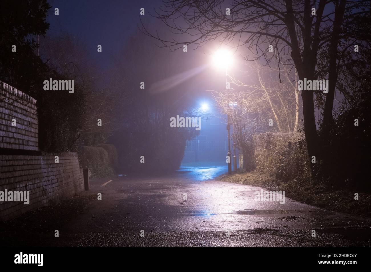 A spooky empty country road, with street lights. On an atmospheric ...