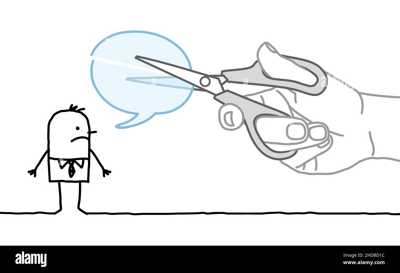 Hand drawn Big Hand, Cutting off the Speech of a Cartoon Man Stock ...