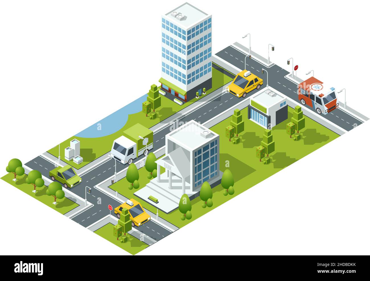 Isometric city map. Urban landscape with buildings and transport Stock ...