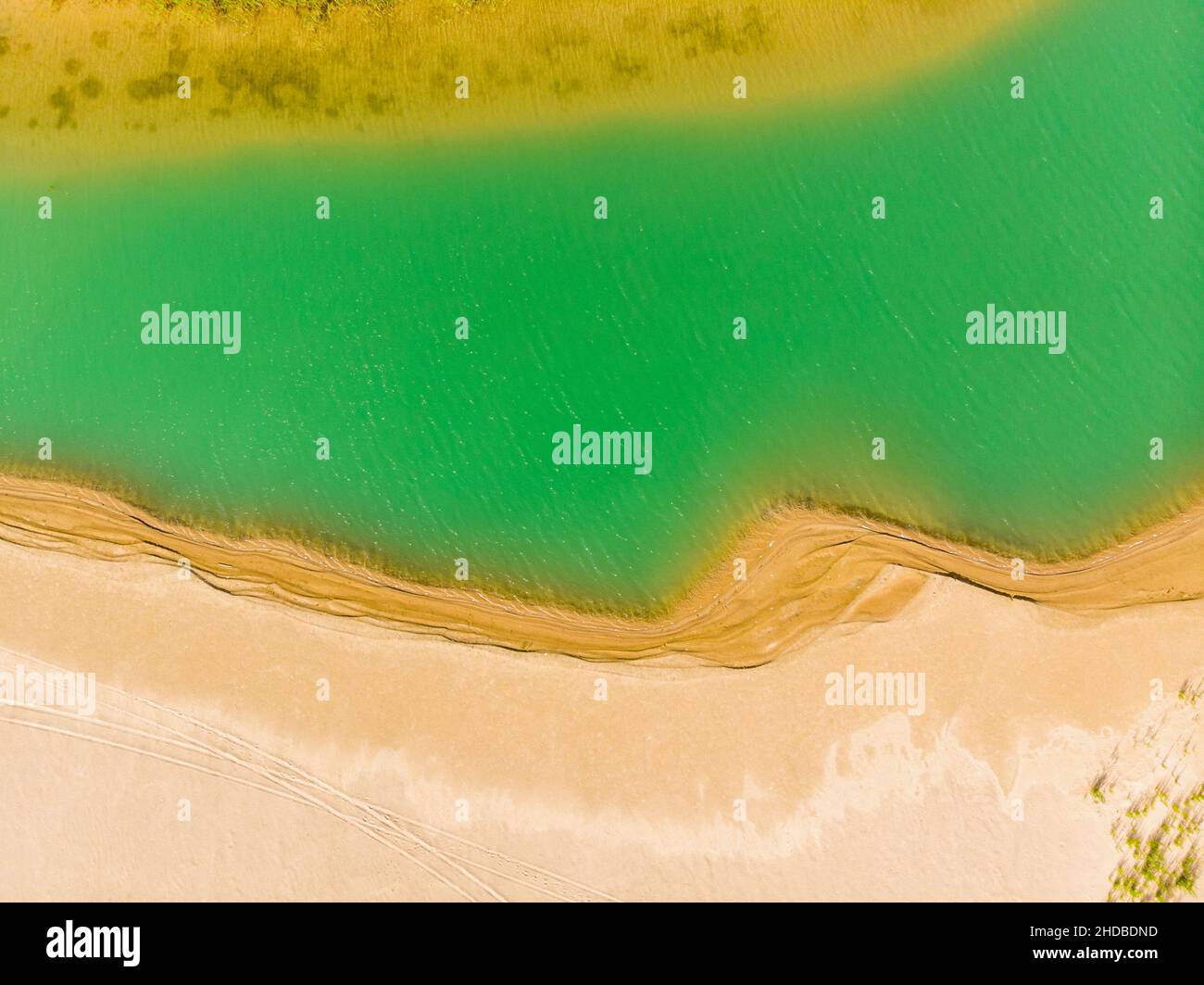 Emerald lake aerial view. Abstract fantasy green and yellow pattern ...