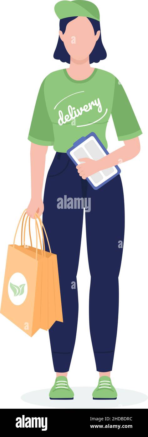 Delivery woman in green uniform semi flat color vector character Stock ...