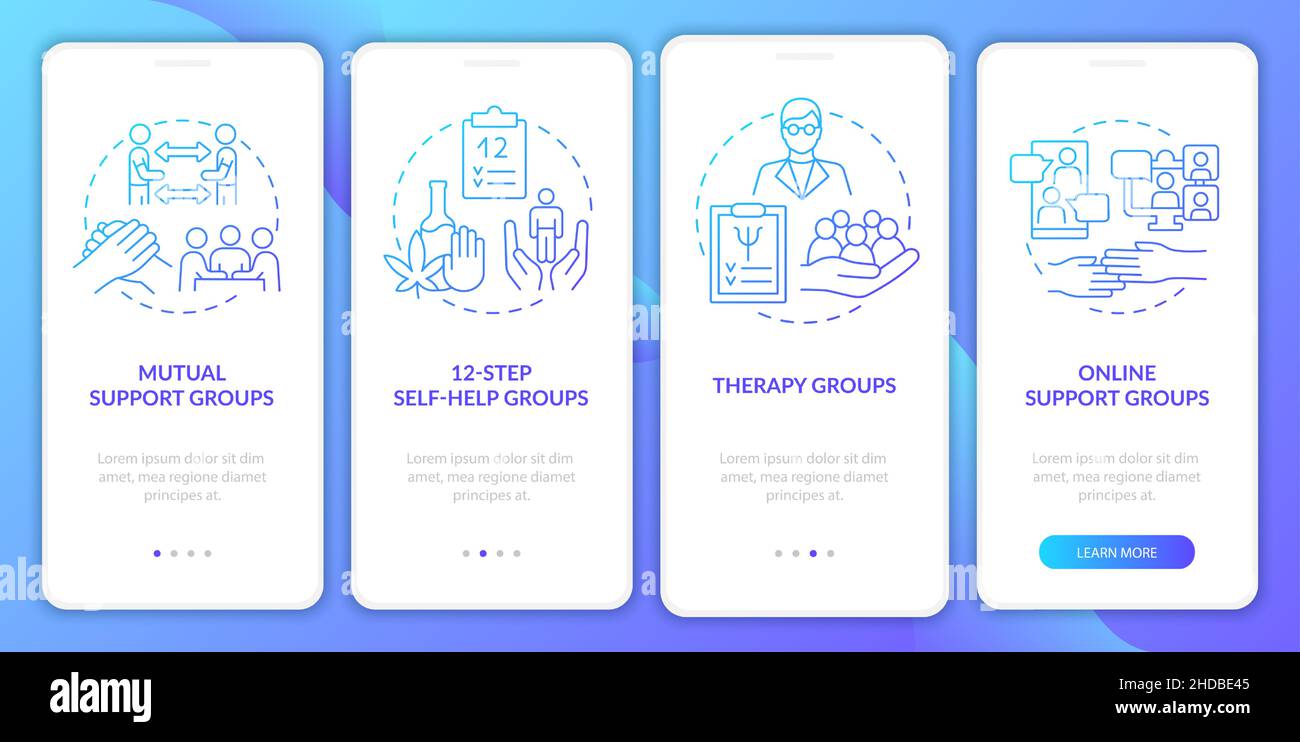 Specialized support groups blue gradient onboarding mobile app screen ...