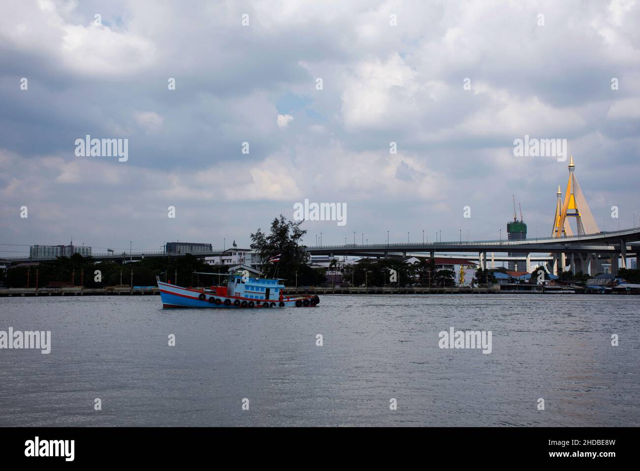 View landscape cloud sky and cityscape of Samutprakarn with barge and ...