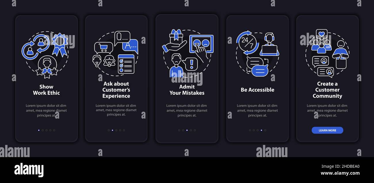Customer service tips night mode onboarding mobile app screen Stock ...