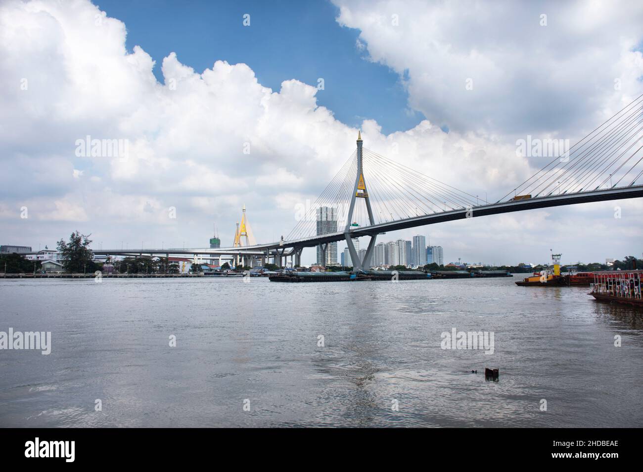 View landscape cityscape with barge and tugboat cargo ship delivery ...