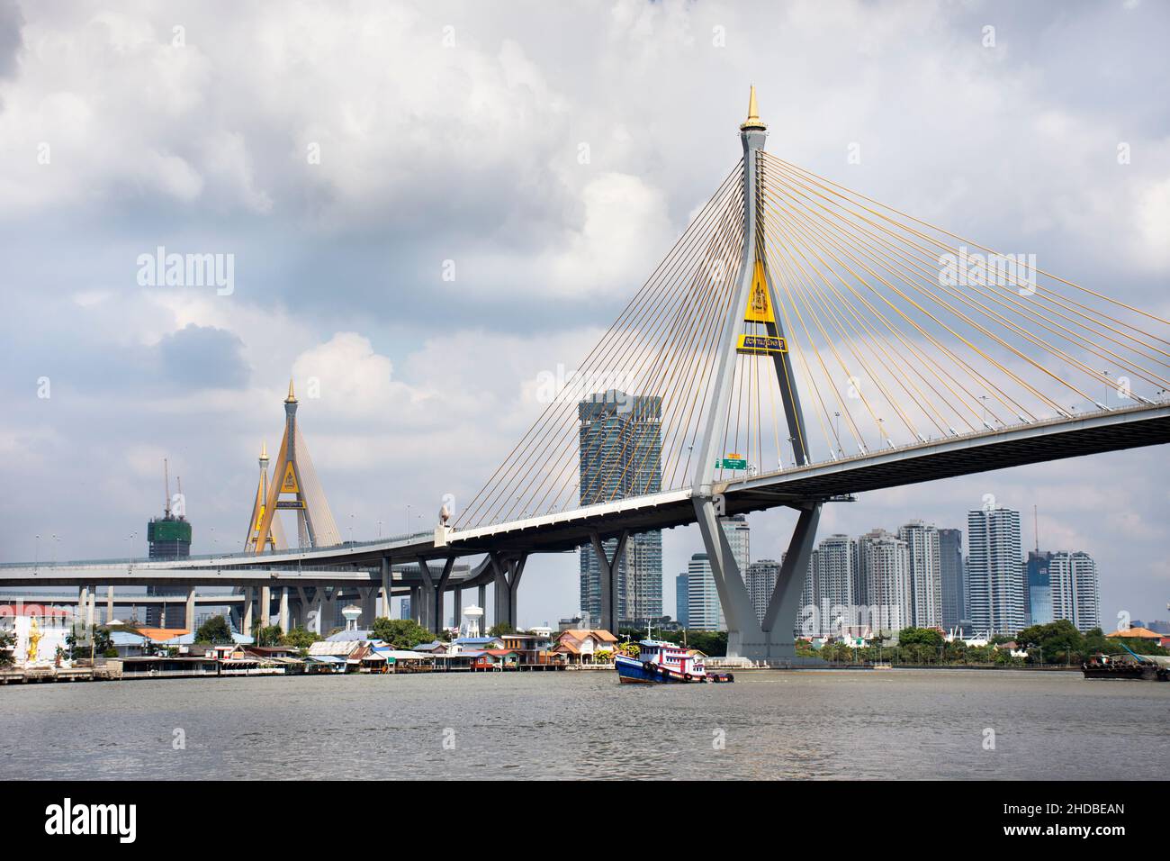 View landscape cityscape with barge and tugboat cargo ship delivery ...