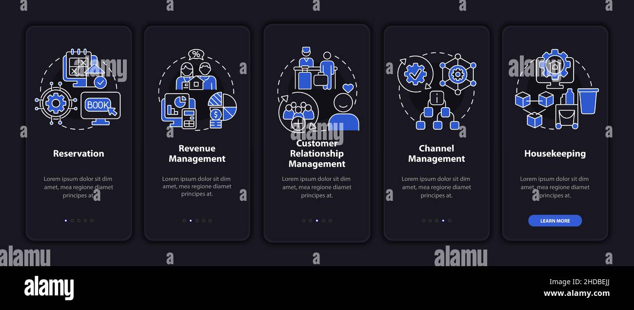 Modules Of Management Night Mode Onboarding Mobile App Screen Stock