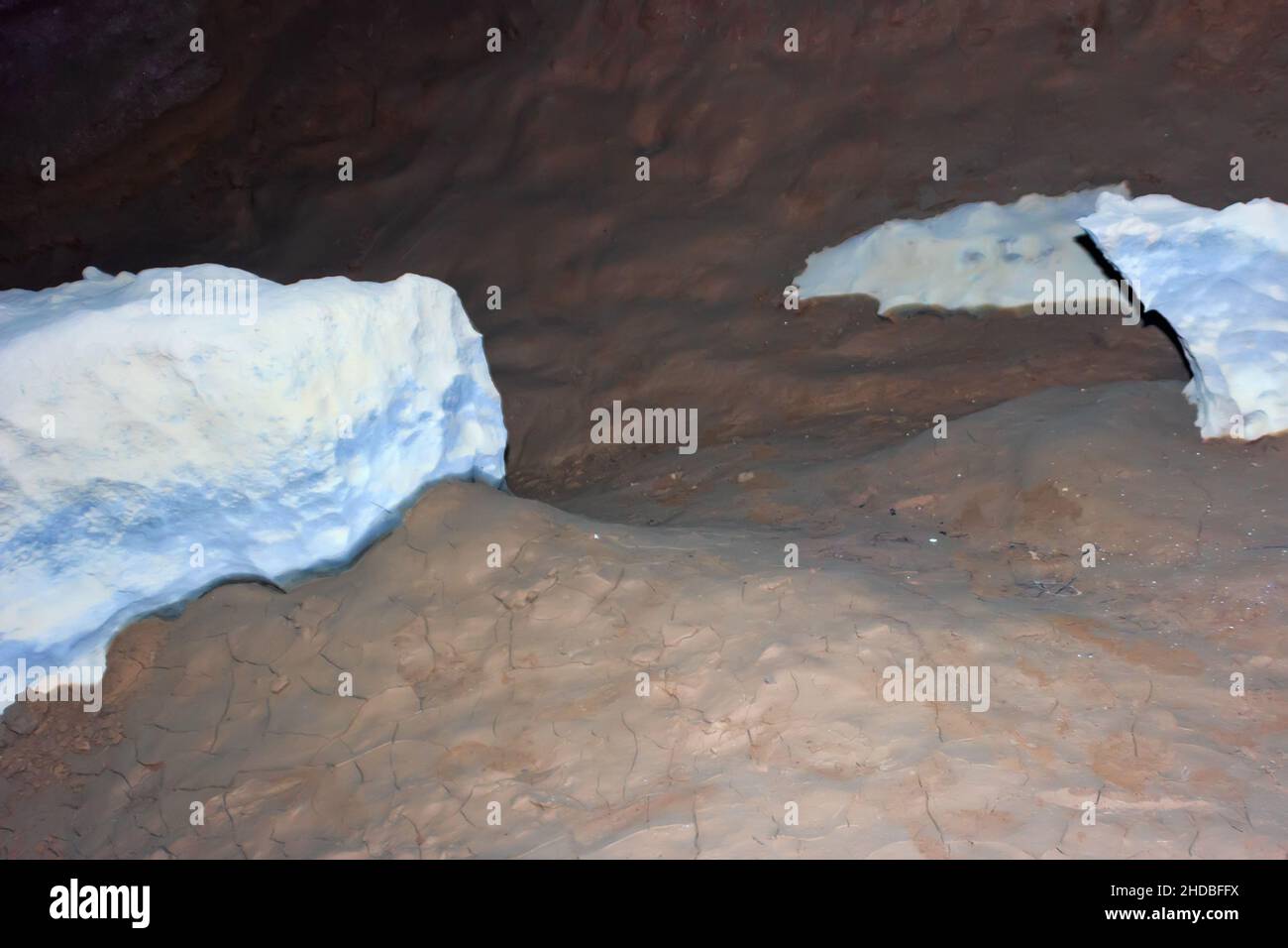 Speleology. Old cave washed by an underground river in the mountain ...