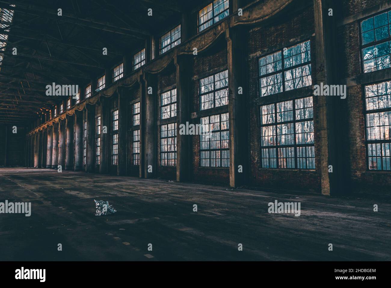 Scenic shot of a dark, abandoned building with a metallic ceiling Stock ...