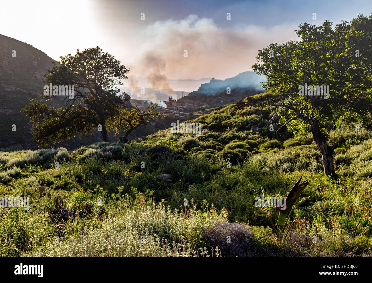 View of an industrial chimney smoke release pollution in the sky and ...