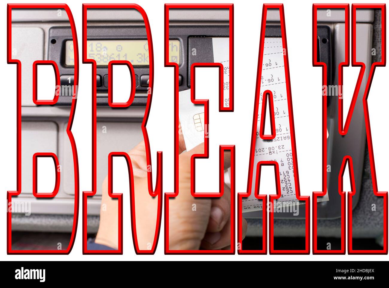 Digital tachograph and drivers hand holding print with driving times of ...