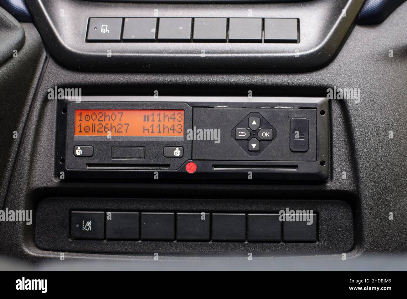 Digital tachograph display shows the 11 hour day break. Starting new ...