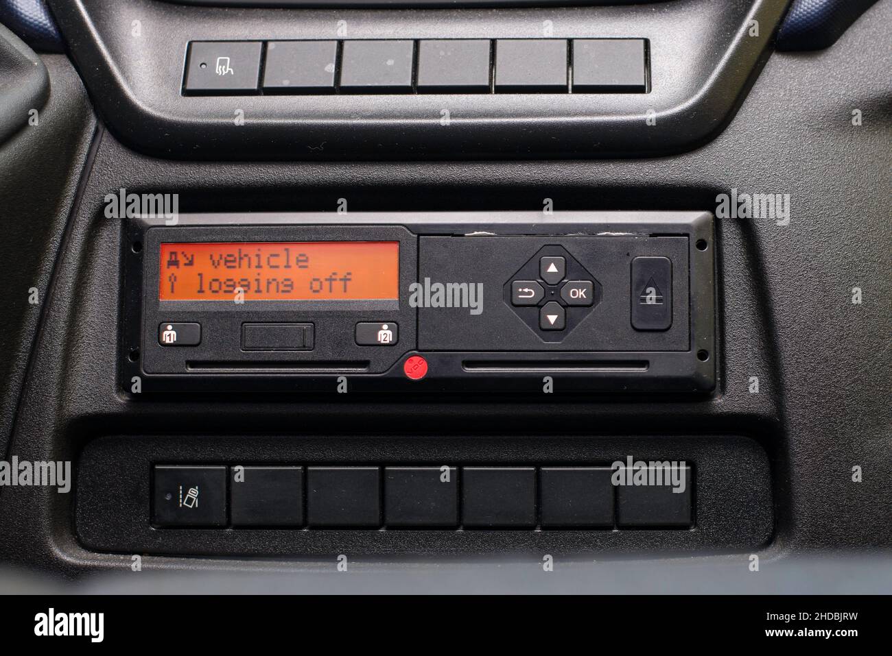 Digital tachograph display reads Vehicle Logging Off. No personal data ...
