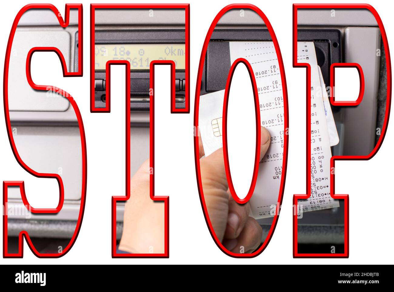 Digital tachograph and drivers hand holding print with driving times of ...