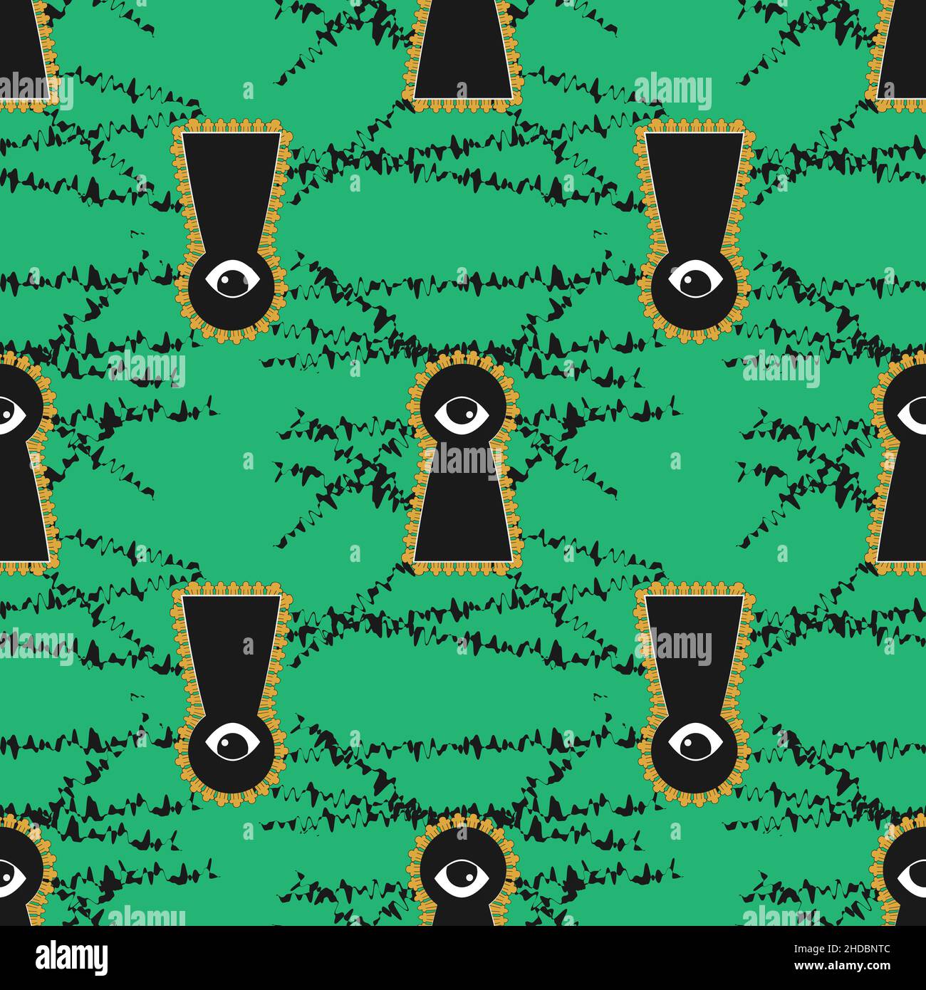 Seamless pattern keyhole eye looking at green background with doodle ...