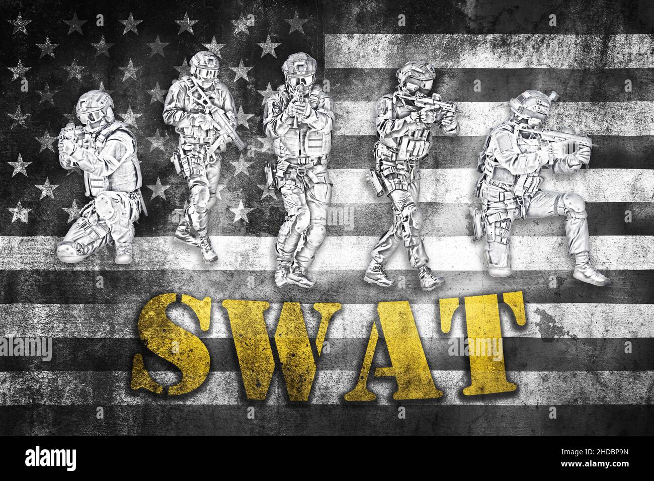 Special forces tactical team in action illustration on US flag ...