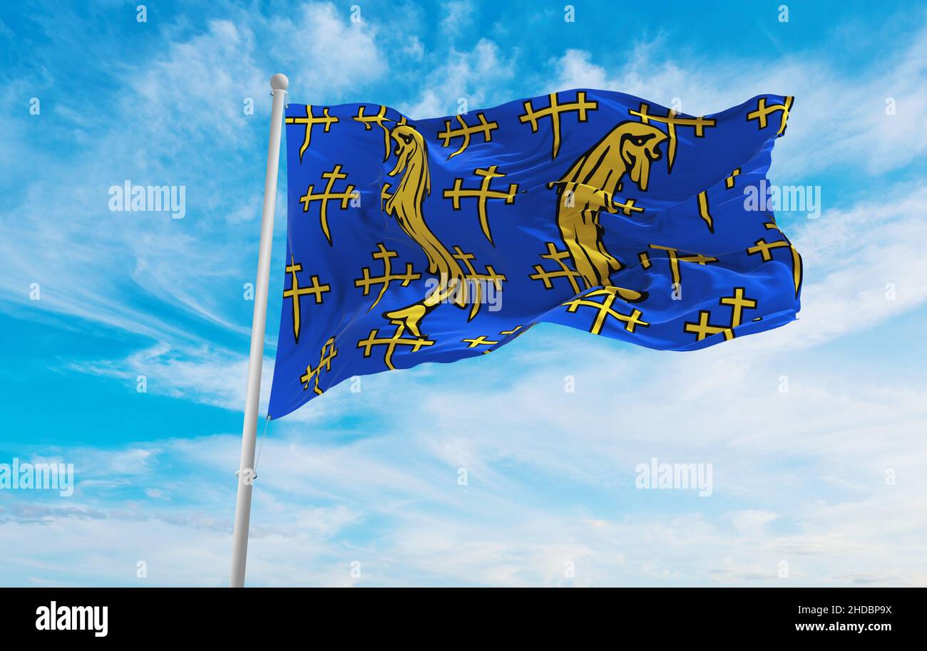 flag of department of Meuse, France at cloudy sky background on sunset ...