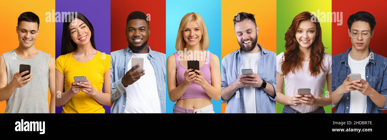 Portraits Of Diverse Multiethnic Millennial People With Smartphones ...