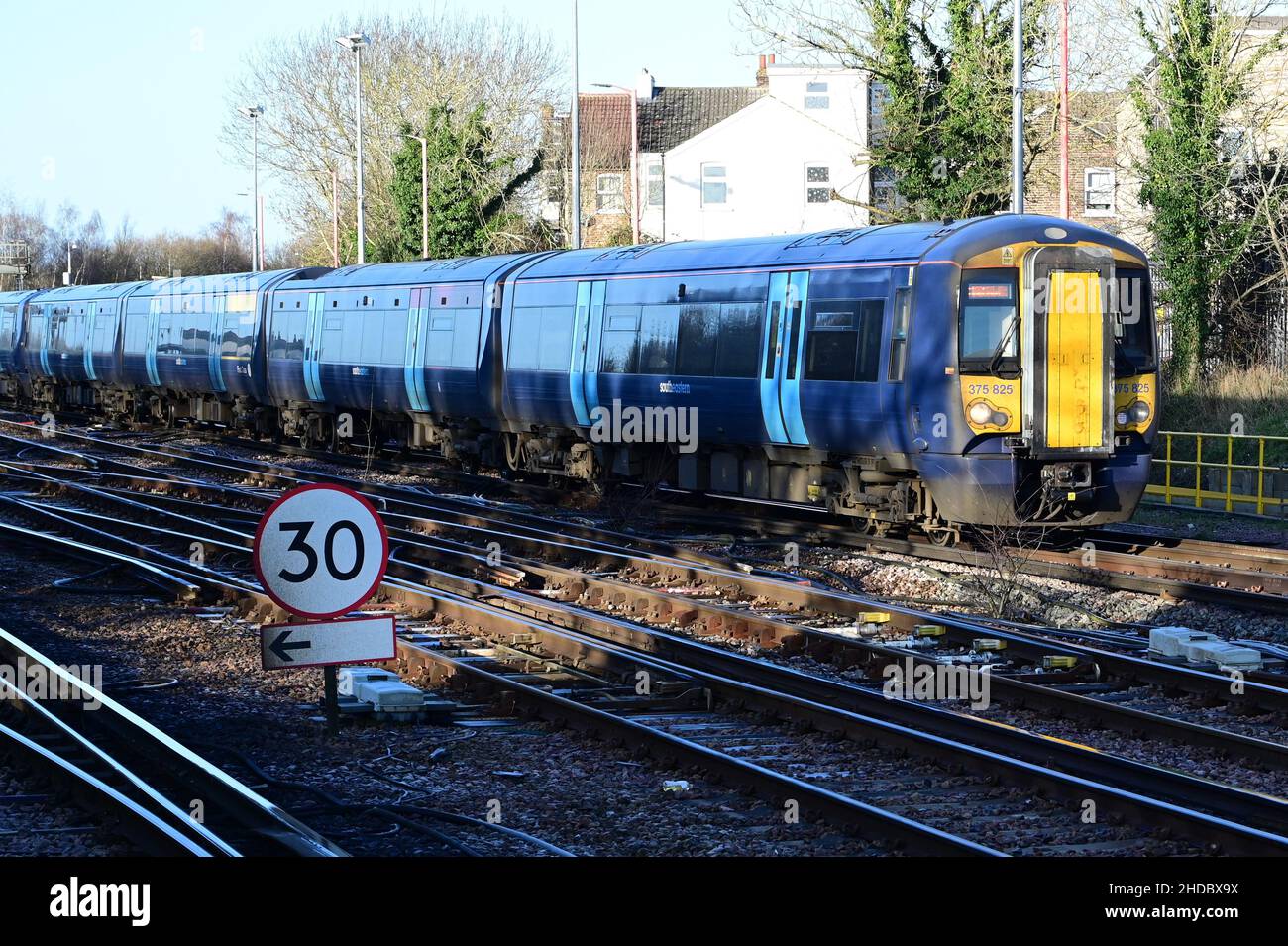 A class 375 passenger train approaching Tonbridge station on a winters ...