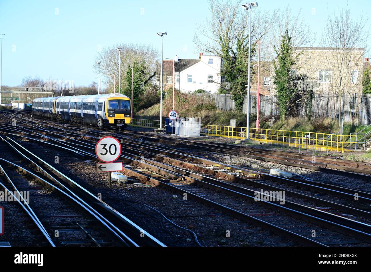 A class 466 electric train approaching Tonbridge station in Kent on a ...
