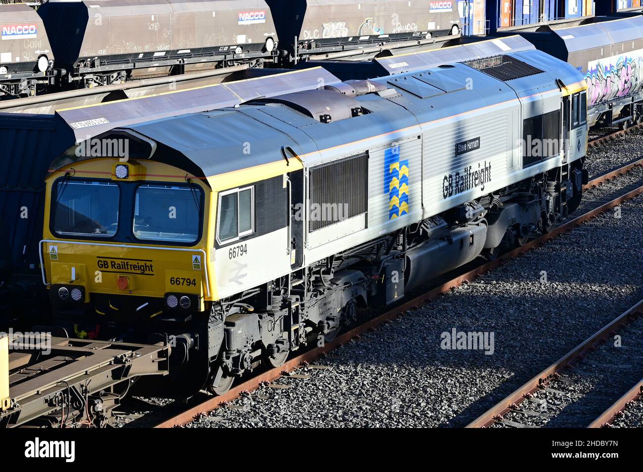 A class 66 locomotive "Steve Hannam" at Tonbridge West Yard in kent ...