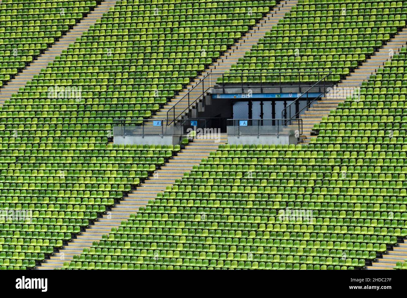 Green rows of seats in the Olympic Stadium, Olympiapark, Munich ...