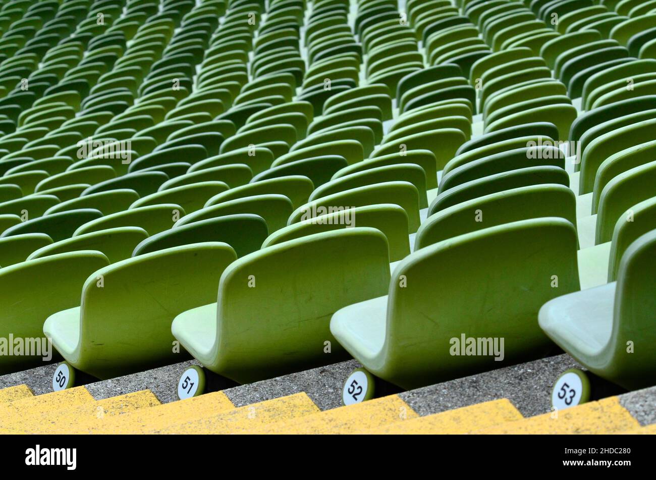Green rows of chairs in the Olympic Stadium, Olympiapark, Munich ...
