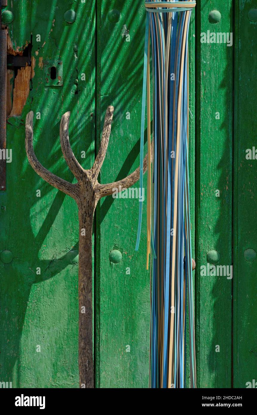 Wooden pitchfork leaning against green wooden door, Spain, Europe Stock ...