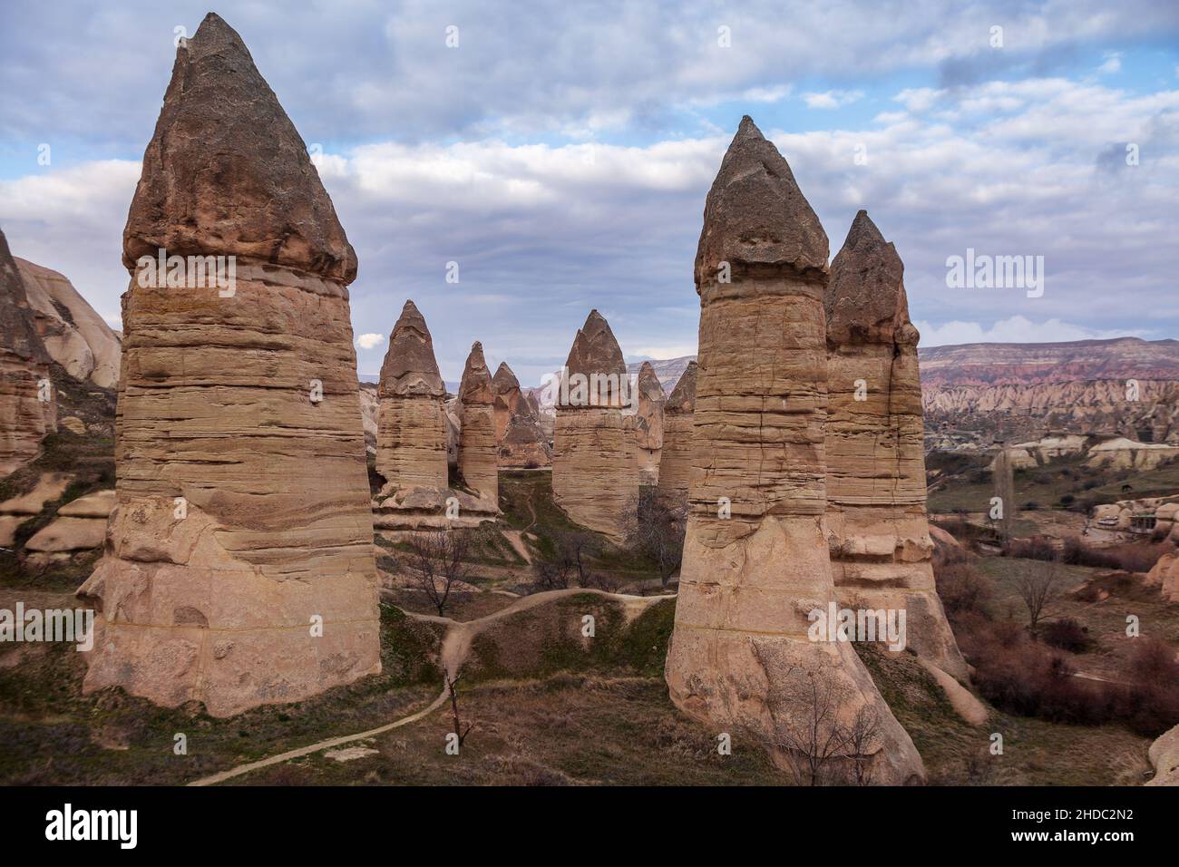 Gorgeous landscape of Turkish Cappadocia. Weathering stone pillars in a ...