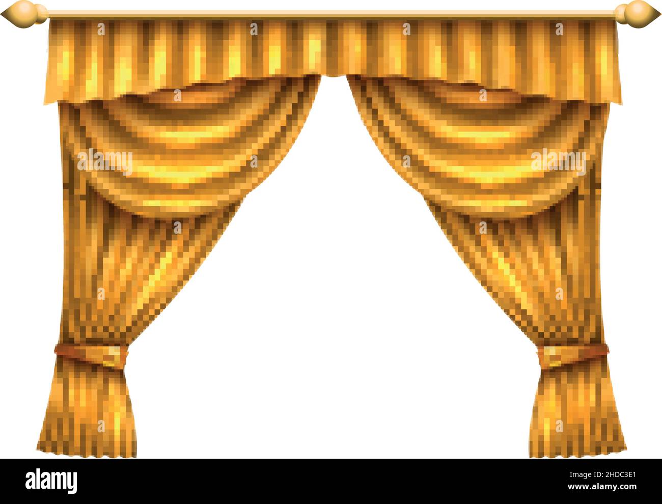 Golden curtains. Window drapes. Luxury interior decoration in realistic ...