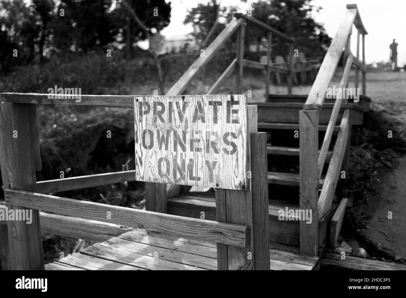 Private Owners Only hand painted sign at entrance to wooden steps and ...
