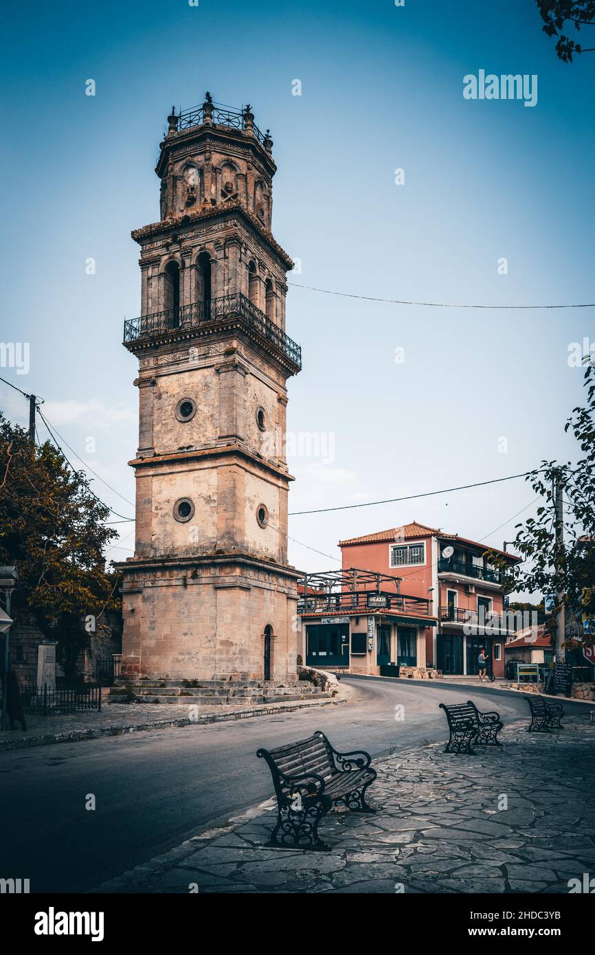 Beautiful street photo with church tower and benches, Church of St ...