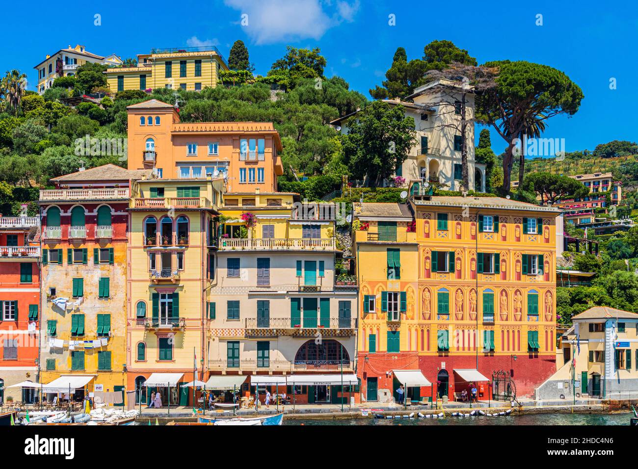 Pastel-coloured house facades at the harbour of Portofino, Portofino ...