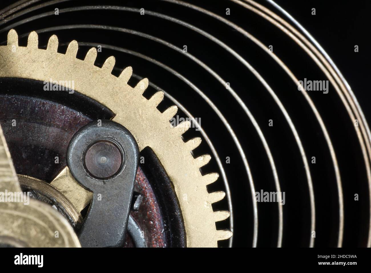 Spring winding of an old clockwork, studio photography with black ...