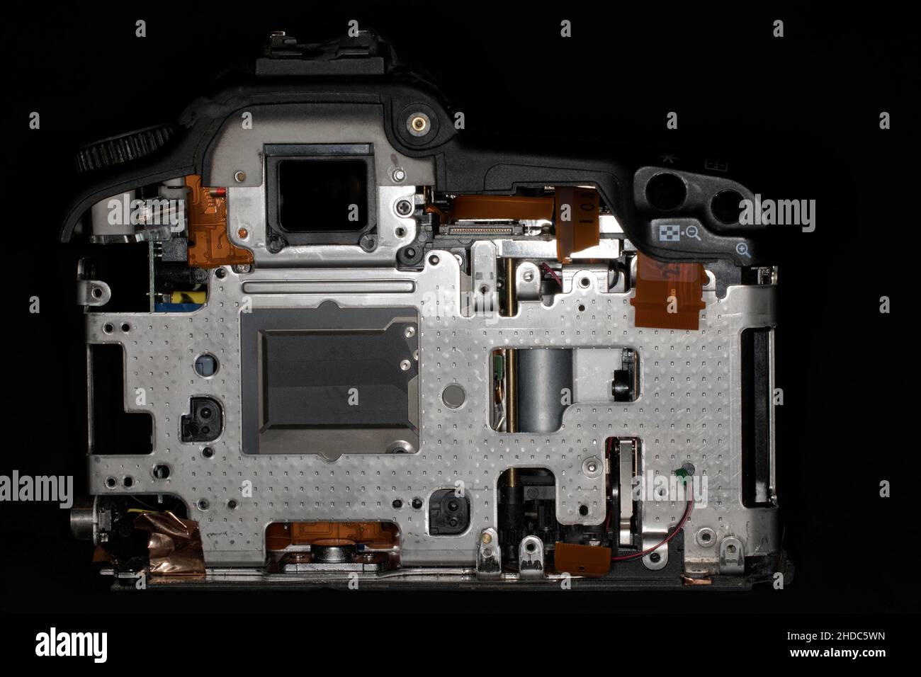 Opened housing of a Canon EOS 30D, studio photography with black ...