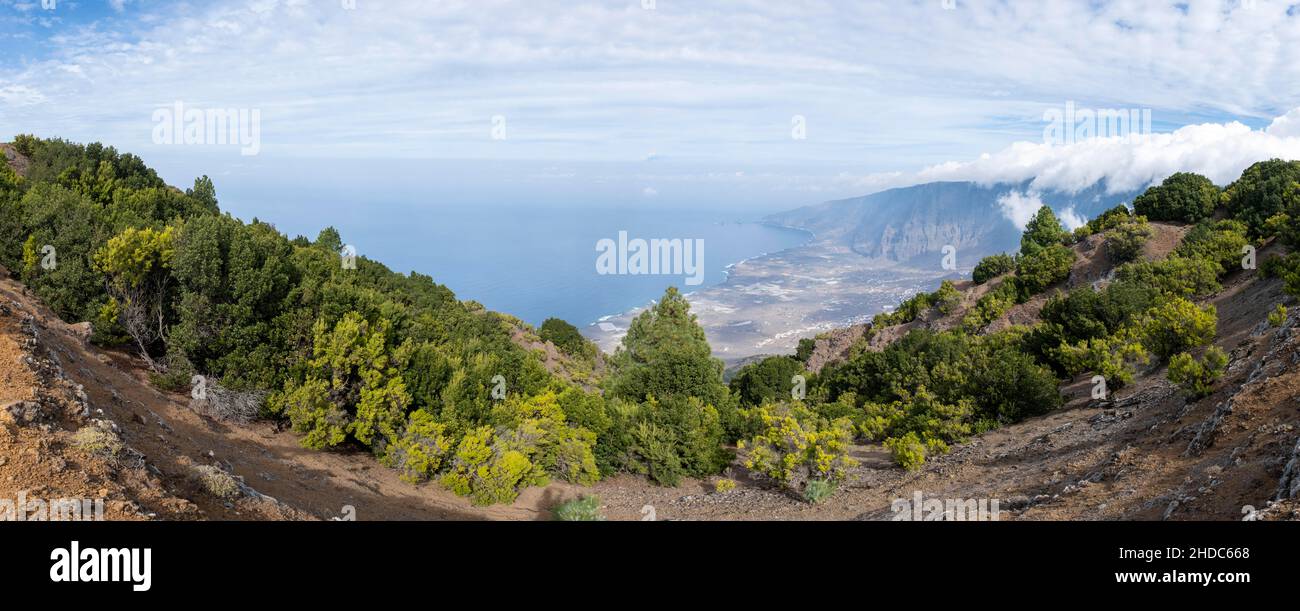 View of El Golfo, west coast, hiking trail to the highest point, Pico ...